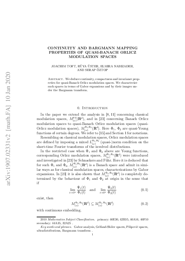 (PDF) Continuity and Bargmann mapping properties of quasi-Banach Orlicz modulation spaces