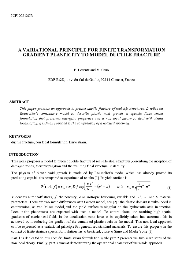 Pdf A Variational Principle For Finite Transformation Gradient Plasticity To Model Ductile