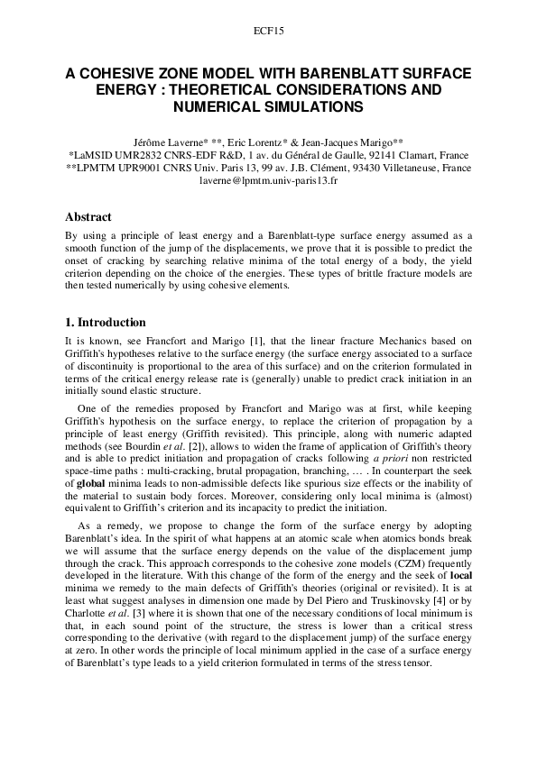 (PDF) A cohesive zone model with Barenblatt surface energy : theoretical considerations and ...