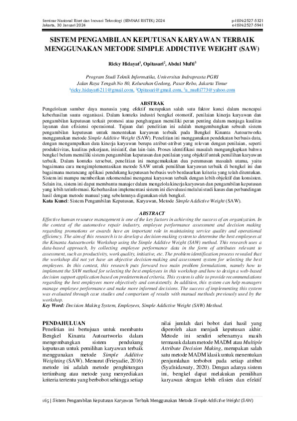 (PDF) Sistem Pengambilan Keputusan Karyawan Terbaik Menggunakan Metode Simple Addictive Weight (Saw)
