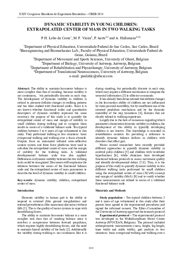 (PDF) Dynamic Stability in Young Children: Extrapolated Center of Mass in Two Walking Tasks