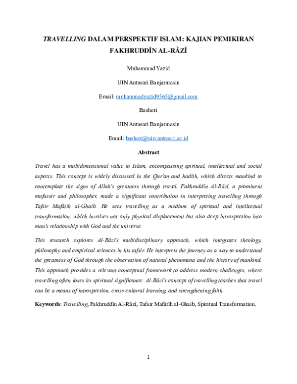 (PDF) Travelling Dalam Perspektif Islam,Kajian Pemikiran Fakhruddin Al-Razi
