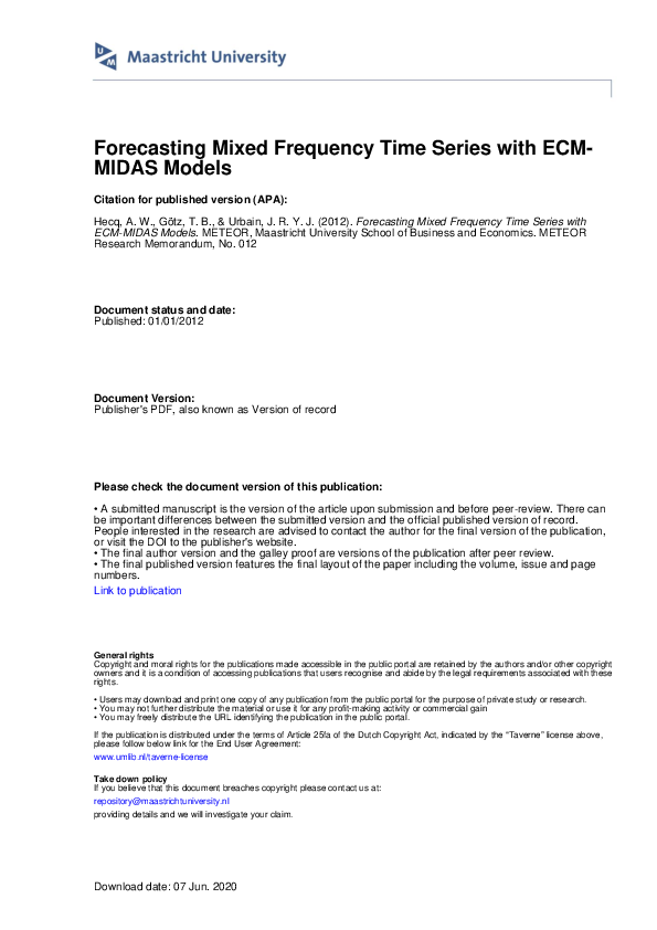 (PDF) Forecasting Mixed‐Frequency Time Series with ECM‐MIDAS Models