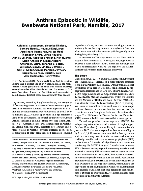 (PDF) Anthrax Epizootic in Wildlife, Bwabwata National Park, Namibia, 2017