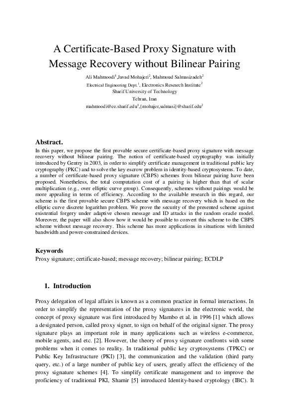 (PDF) A Certificate-Based Proxy Signature with Message Recovery without Bilinear Pairing