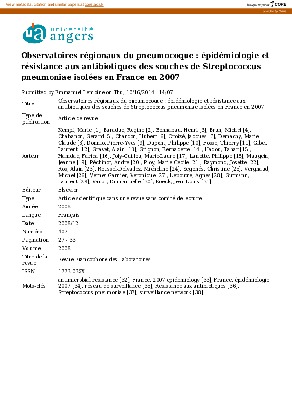 (PDF) Observatoires régionaux du pneumocoque : épidémiologie et ...