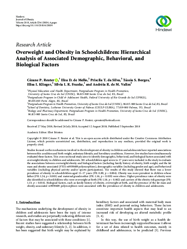 (PDF) Overweight and Obesity in Schoolchildren: Hierarchical Analysis ...