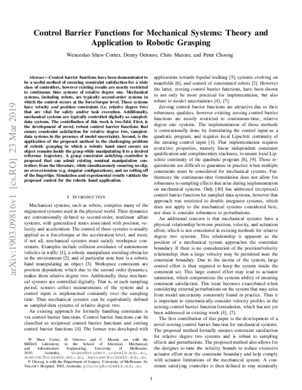 (PDF) Control Barrier Functions for Mechanical Systems: Theory and Application to Robotic Grasping