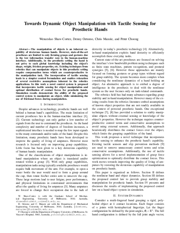 (PDF) Towards dynamic object manipulation with tactile sensing for prosthetic hands