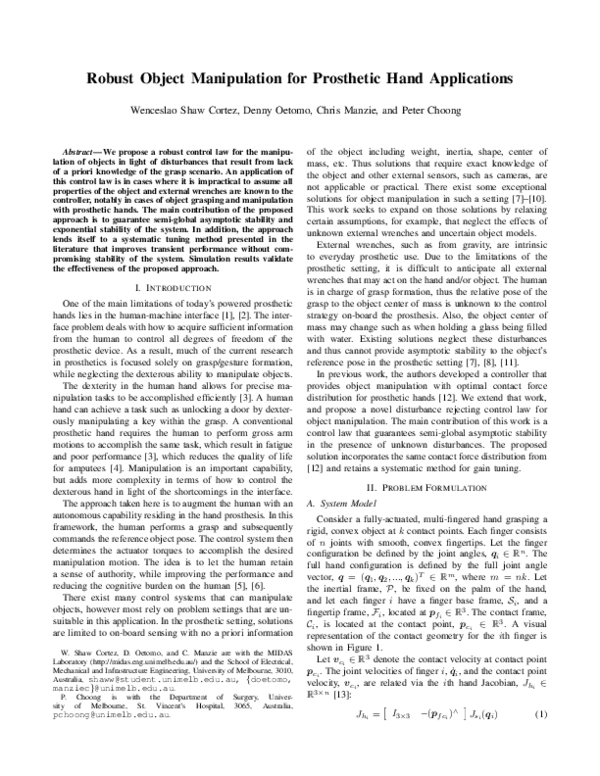 (PDF) Robust object manipulation for prosthetic hand applications