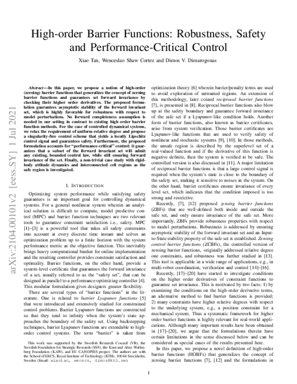 (PDF) High-Order Barrier Functions: Robustness, Safety, and Performance-Critical Control