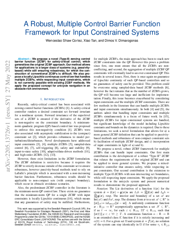 Pdf A Robust Multiple Control Barrier Function Framework For Input Constrained Systems