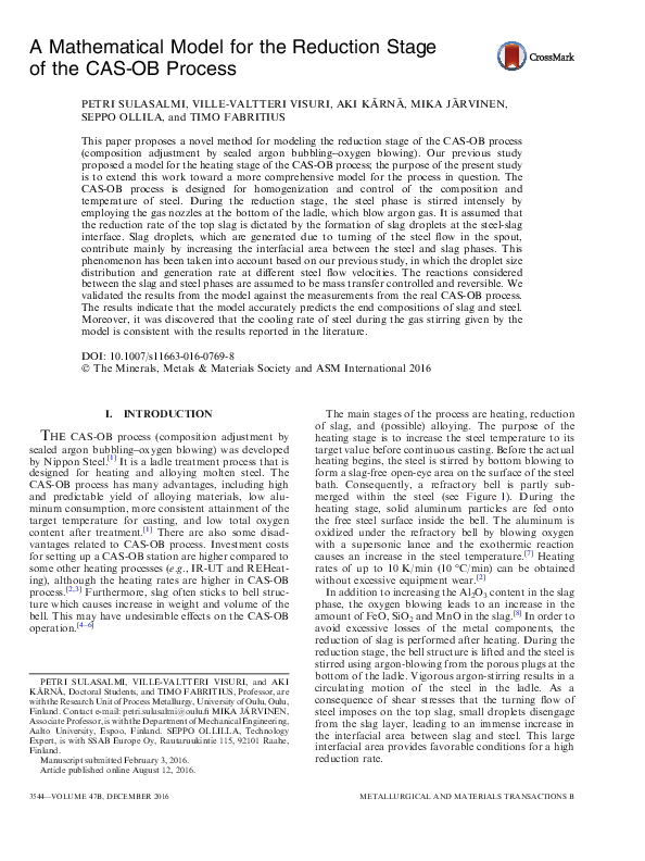 (PDF) A Mathematical Model for the Reduction Stage of the CAS-OB Process