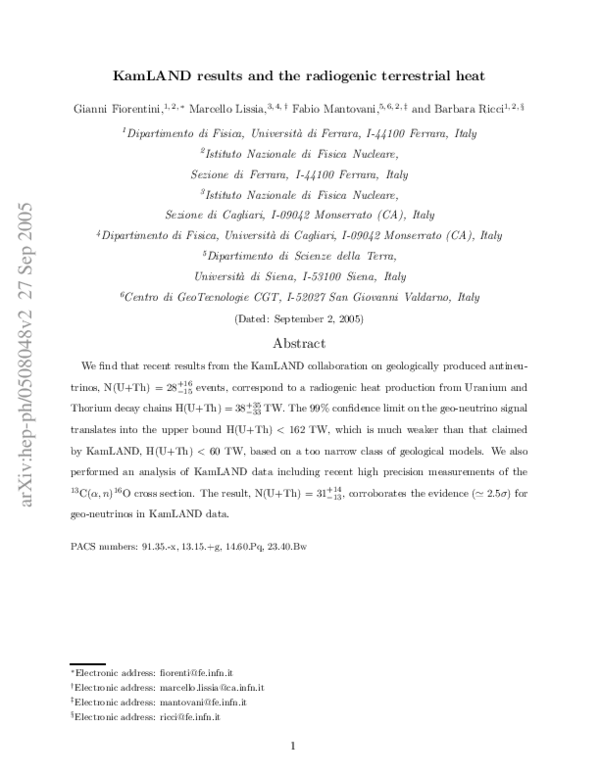(PDF) KamLAND results and the radiogenic terrestrial heat