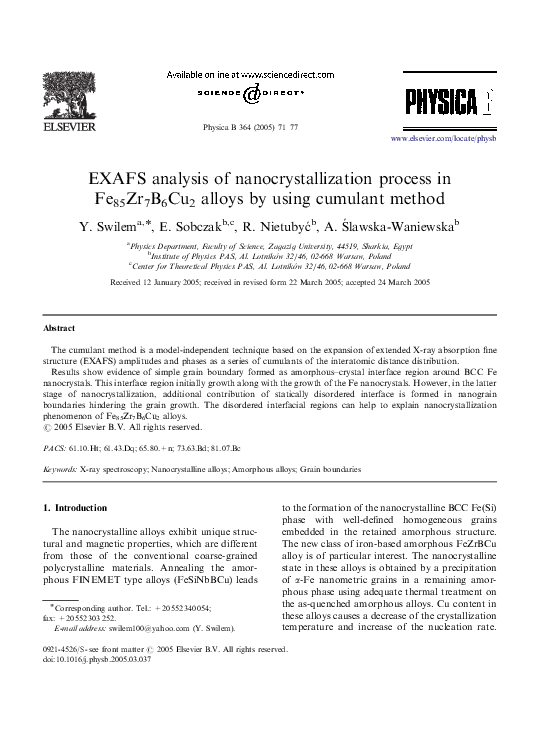 (PDF) EXAFS analysis of nanocrystallization process in Fe85Zr7B6Cu2 ...