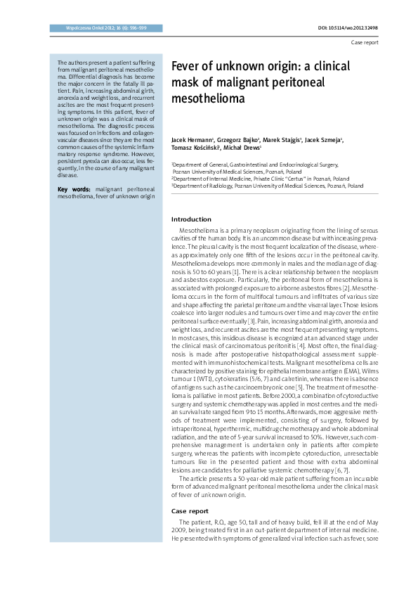 (PDF) Fever of unknown origin: a clinical mask of malignant peritoneal ...