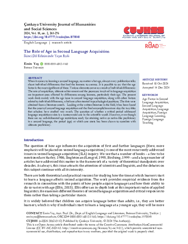 (PDF) The Role of Age in Second Language Acquisition