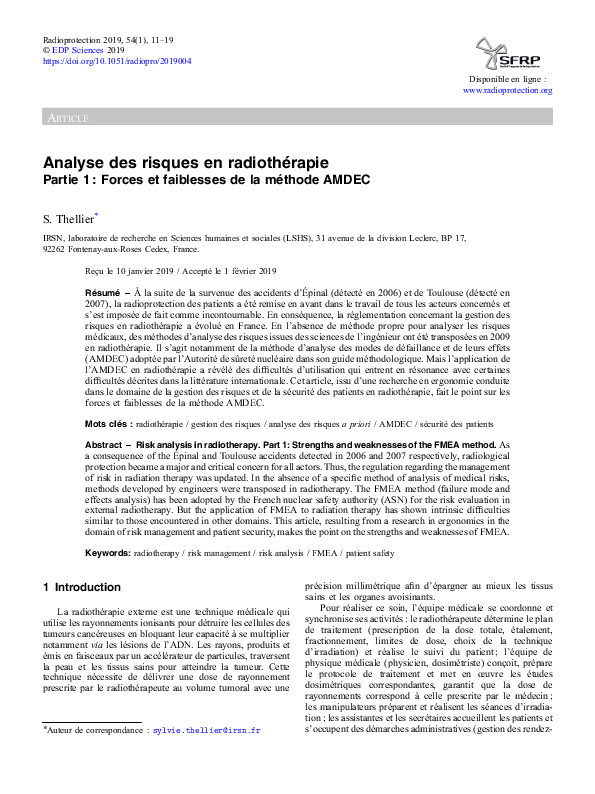 (PDF) Analyse des risques en radiothérapie