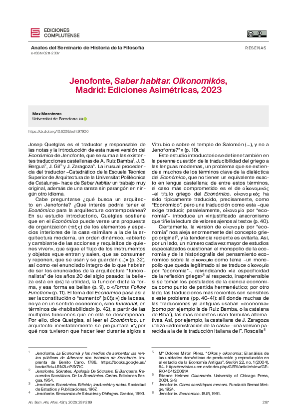 (PDF) Jenofonte. Saber habitar. Oikonomikós, Madrid: Ediciones ...