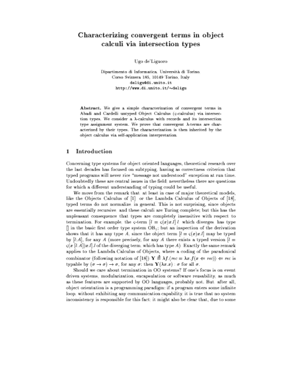 (PDF) Characterizing Convergent Terms in Object Calculi via Intersection Types