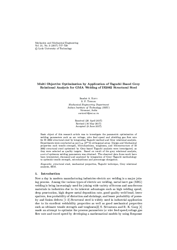 Pdf Multi Objective Optimization By Application Of Taguchi Based Grey