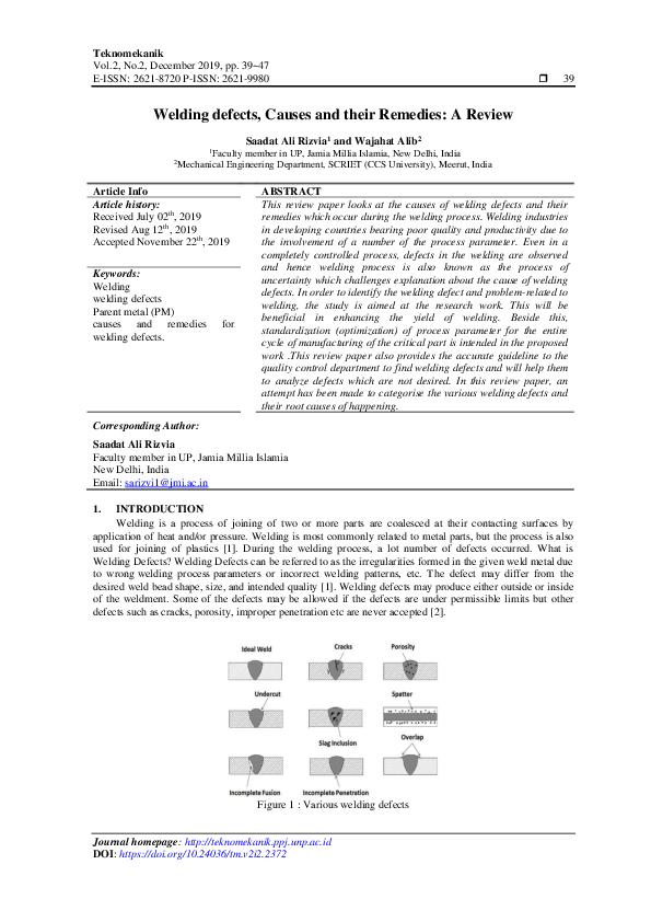 (PDF) Welding defects, Causes and their Remedies: A Review