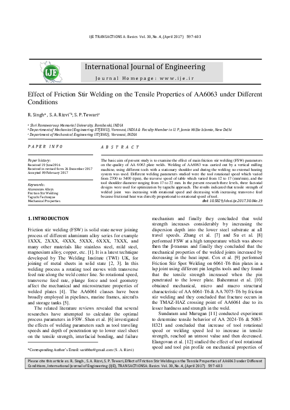 (PDF) Effect of Friction Stir Welding on the Tensile Properties of AA6063 under Different Conditions