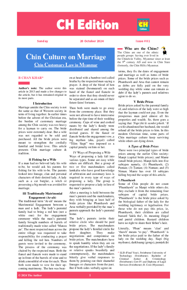 (PDF) Chin Culture on Marriage: Chin Customary Law in Myanmar