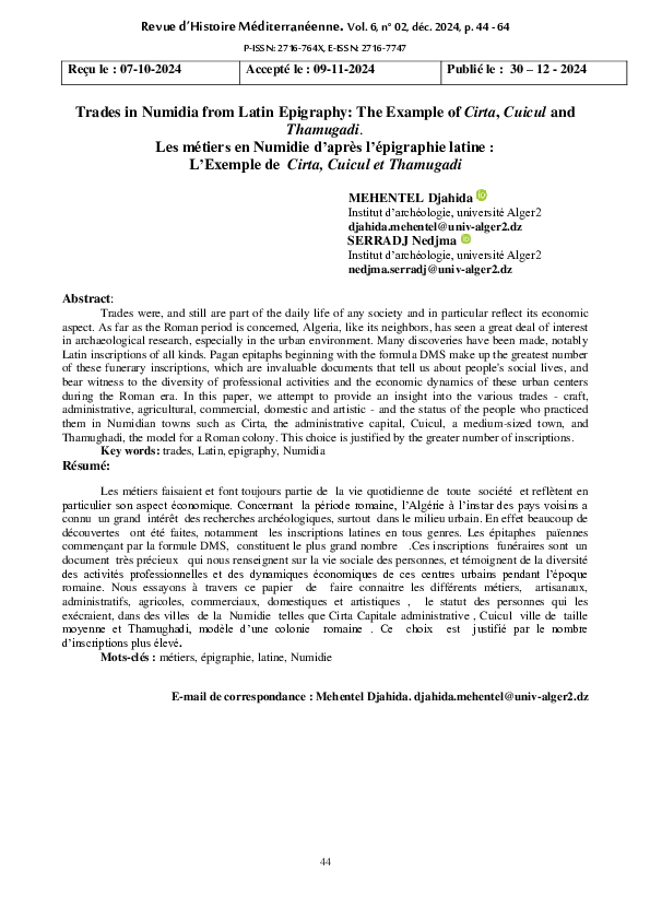 (PDF) Trades in numidia from latin epigraphy the example of cirta cuicul and thamugadi.