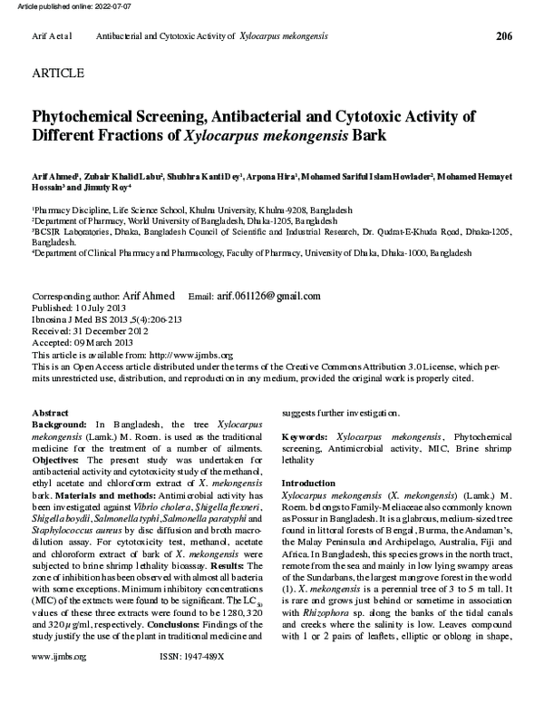 (PDF) Phytochemical screening, antibacterial and cytotoxic activity of different fractions of ...