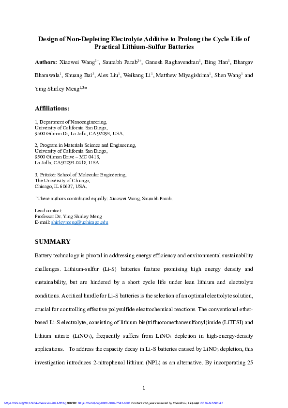 (PDF) Design of Non-Depleting Electrolyte Additive to Prolong the Cycle ...