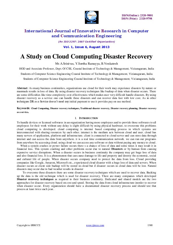 (PDF) A Study on Cloud Computing Disaster Recovery