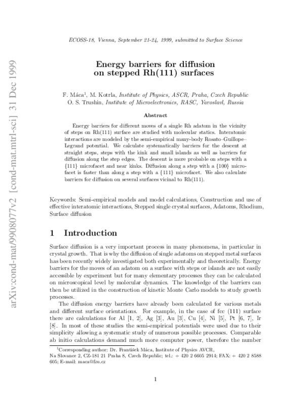 (PDF) Energy barriers for diffusion on stepped Rh(111) surfaces