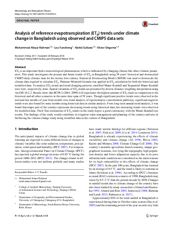 (PDF) Analysis of reference evapotranspiration (ET0) trends under climate change in Bangladesh ...