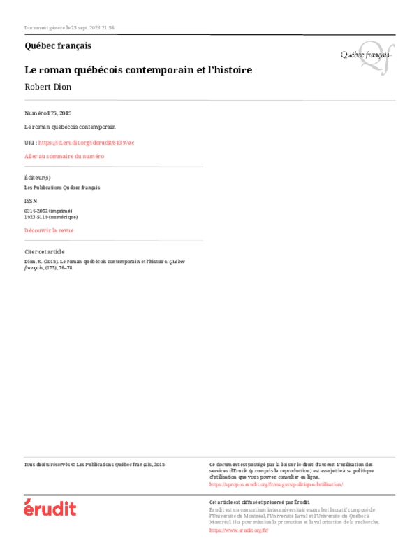 (PDF) Le roman québécois contemporain et l’histoire