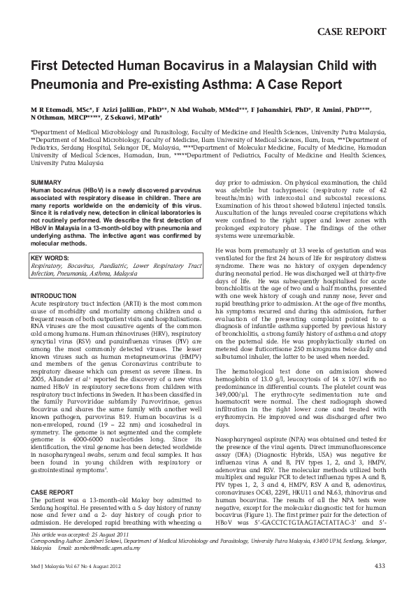 (PDF) First detected human bocavirus in a Malaysian child with ...