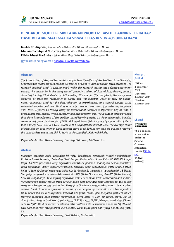 (PDF) Pengaruh Model Pembelajaran Problem Based Learning Terhadap Hasil Belajar Matematika Siswa ...