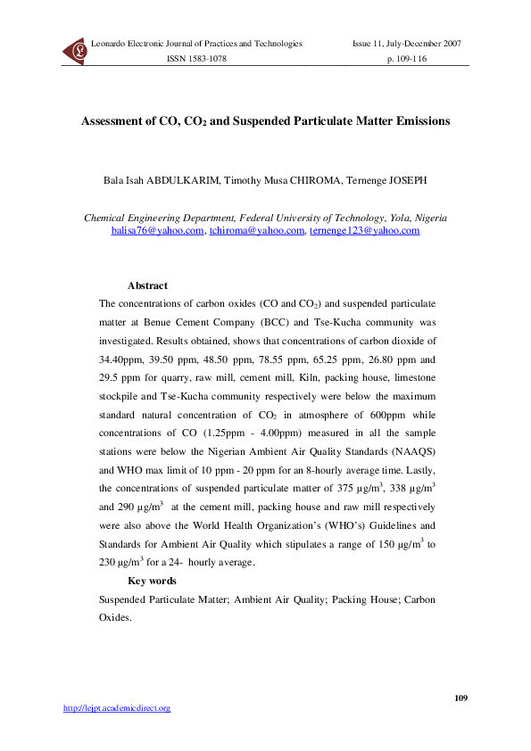 (PDF) Assessment of CO, CO2 and Suspended Particulate Matter Emissions
