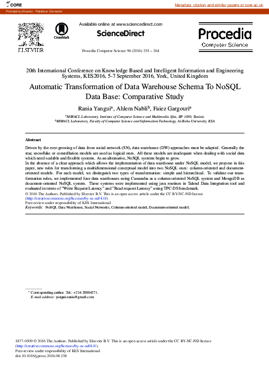 (PDF) Automatic Transformation of Data Warehouse Schema to NoSQL Data Base: Comparative Study