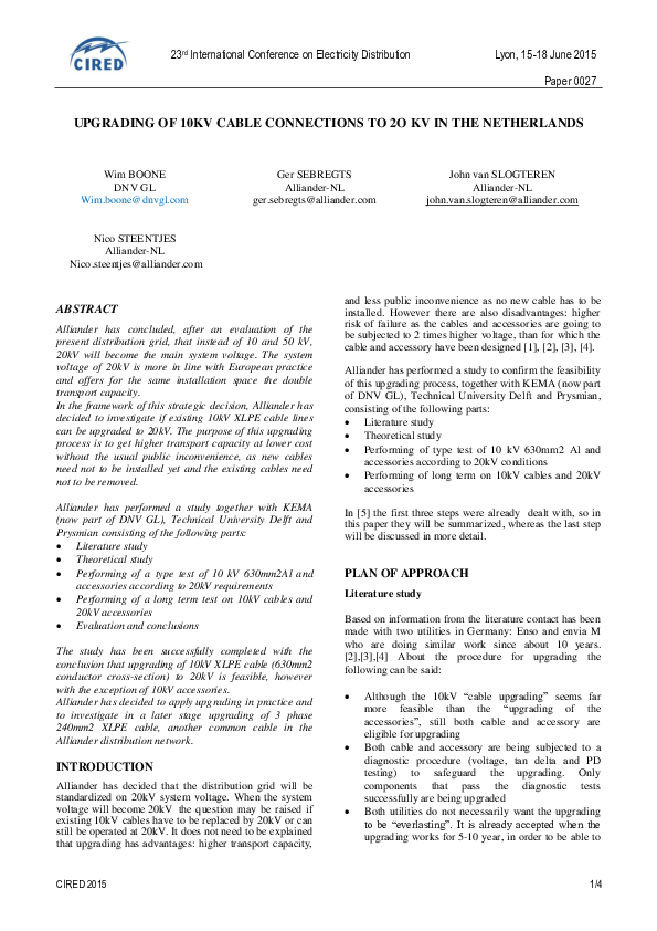 (PDF) Upgrading of 10KV Cable Connections to 2O KV in the Netherlands
