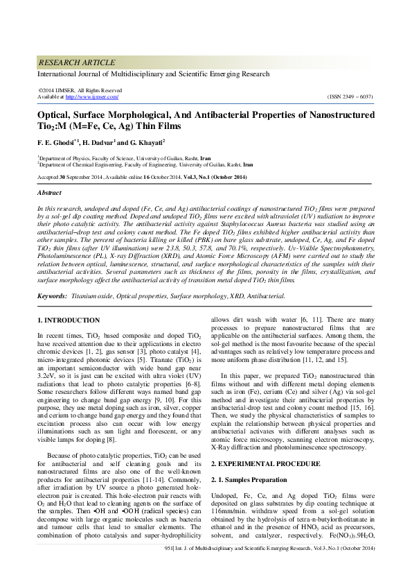 (PDF) Optical, Surface Morphological, And Antibacterial Properties of Nanostructured Tio2:M (M ...