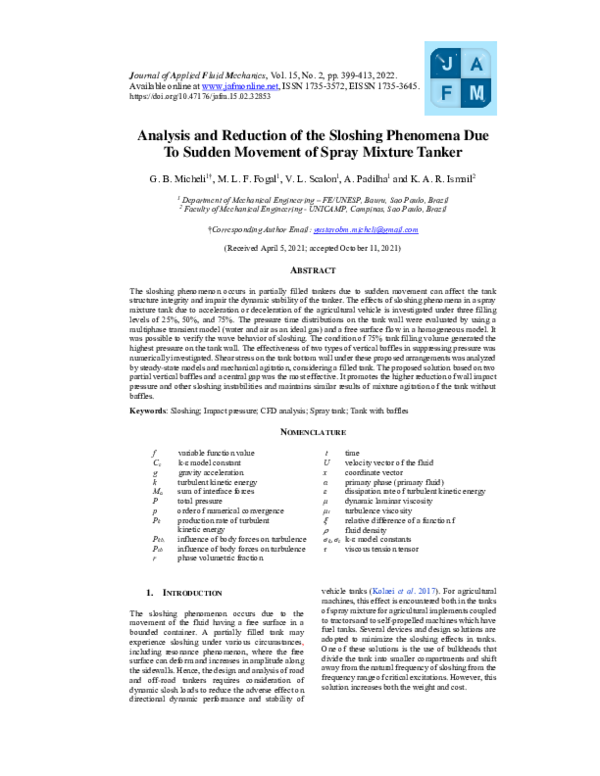 (PDF) Analysis and Reduction of the Sloshing Phenomena Due To Sudden ...