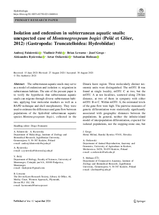 (PDF) Isolation and endemism in subterranean aquatic snails: unexpected case of Montenegrospeum ...
