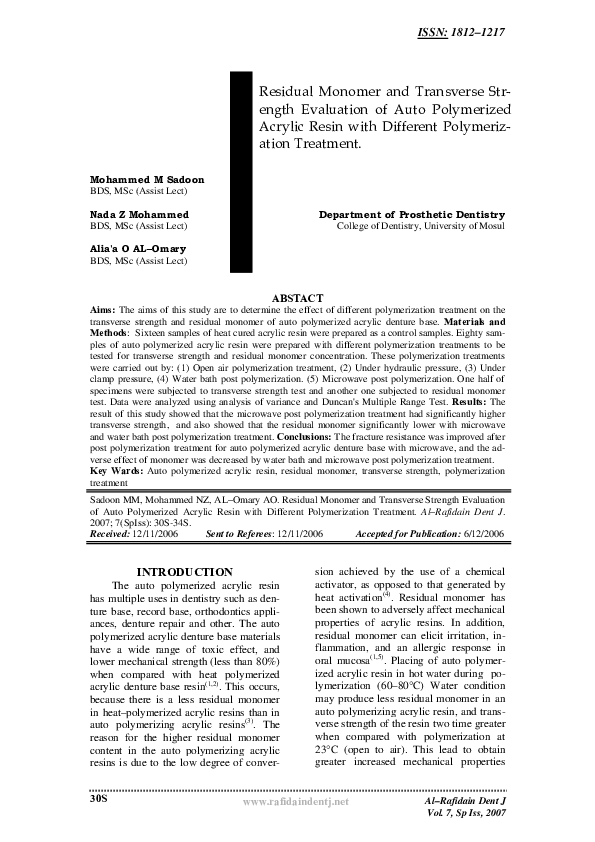 (PDF) Residual Monomer and Transverse Strength Evaluation of Auto ...