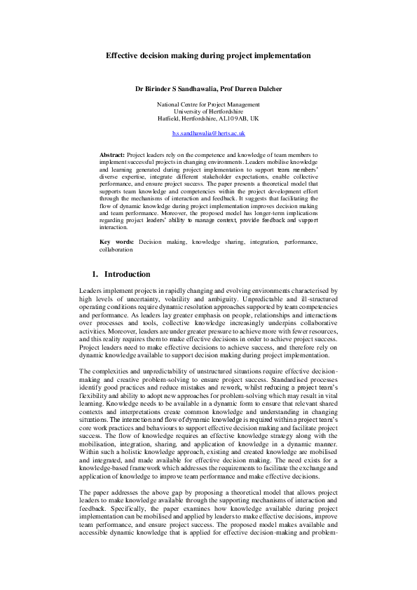 (PDF) Effective decision making during project implementation