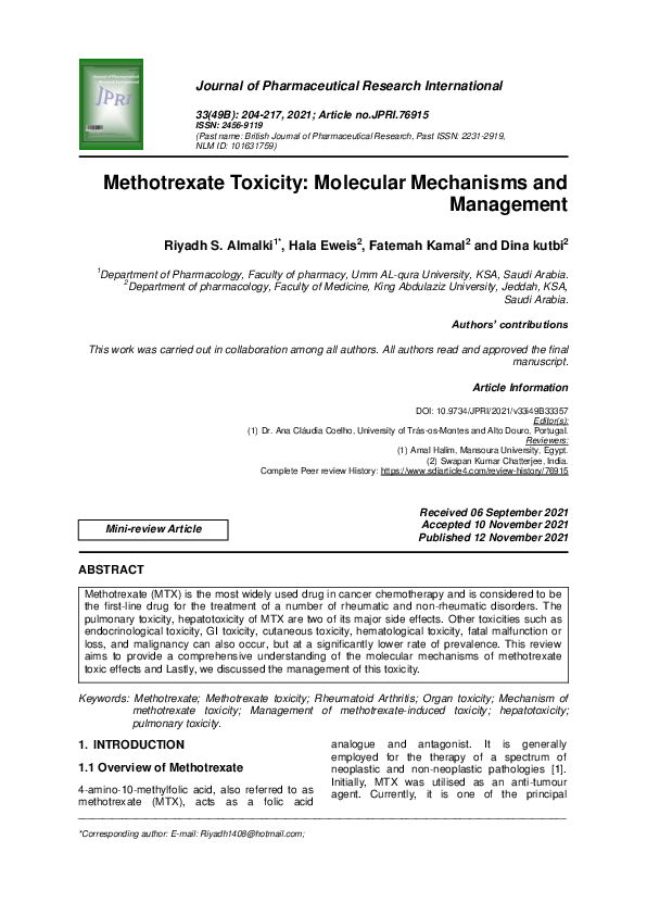 (PDF) Methotrexate Toxicity: Molecular Mechanisms and Management