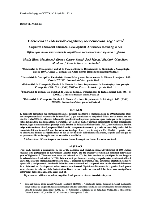 Pdf Cognitive And Social Emotional Development Differences According