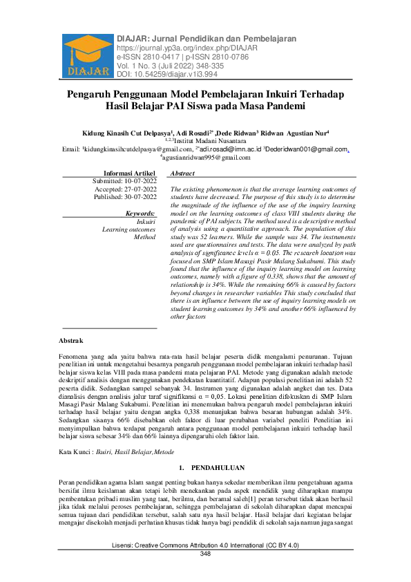 (PDF) Pengaruh Penggunaan Model Pembelajaran Inkuiri Terhadap Hasil Belajar PAI Siswa pada Masa ...