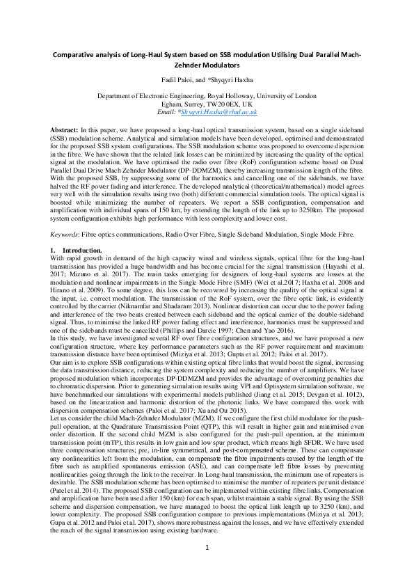 (PDF) Comparative analysis of long-haul system based on SSB modulation utilising dual parallel ...