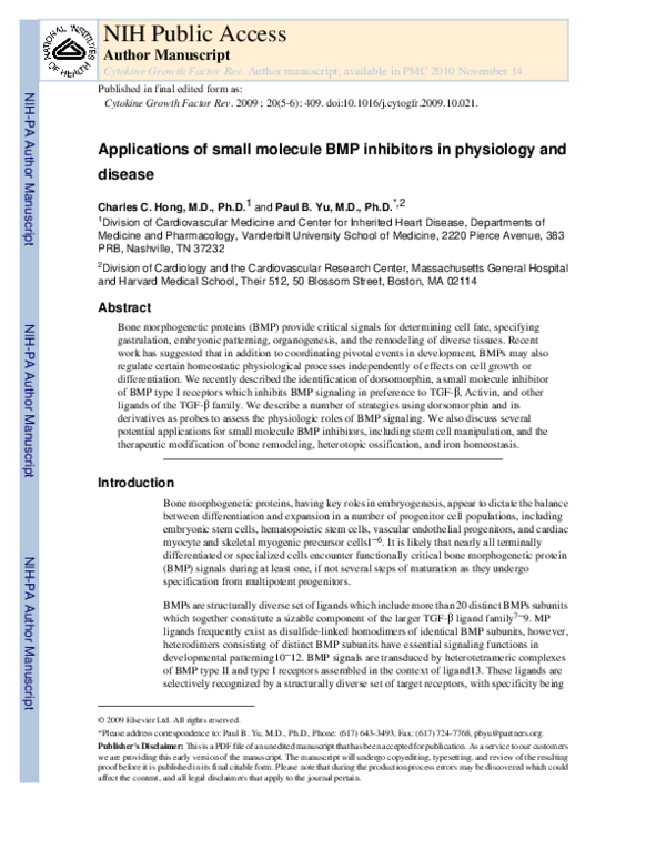 (PDF) Applications of small molecule BMP inhibitors in physiology and ...